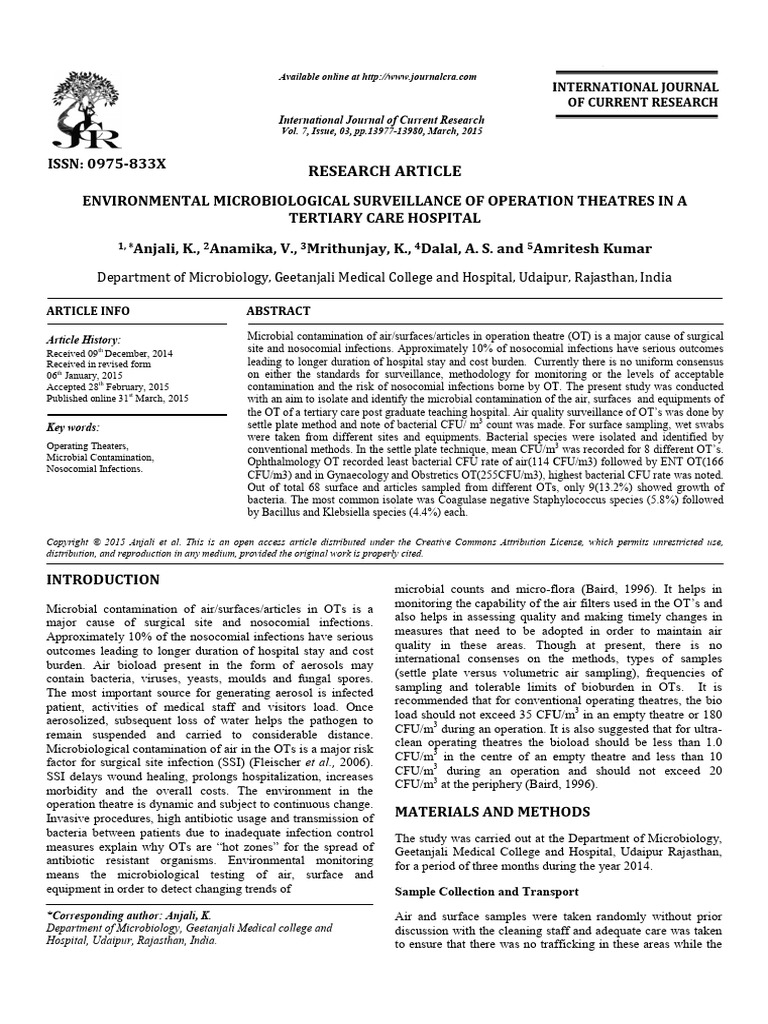 Environmental Microbiological Surveillance of Operation Theatres in A ... Environmental Microbiological Surveillance of Operation Theatres in A ...