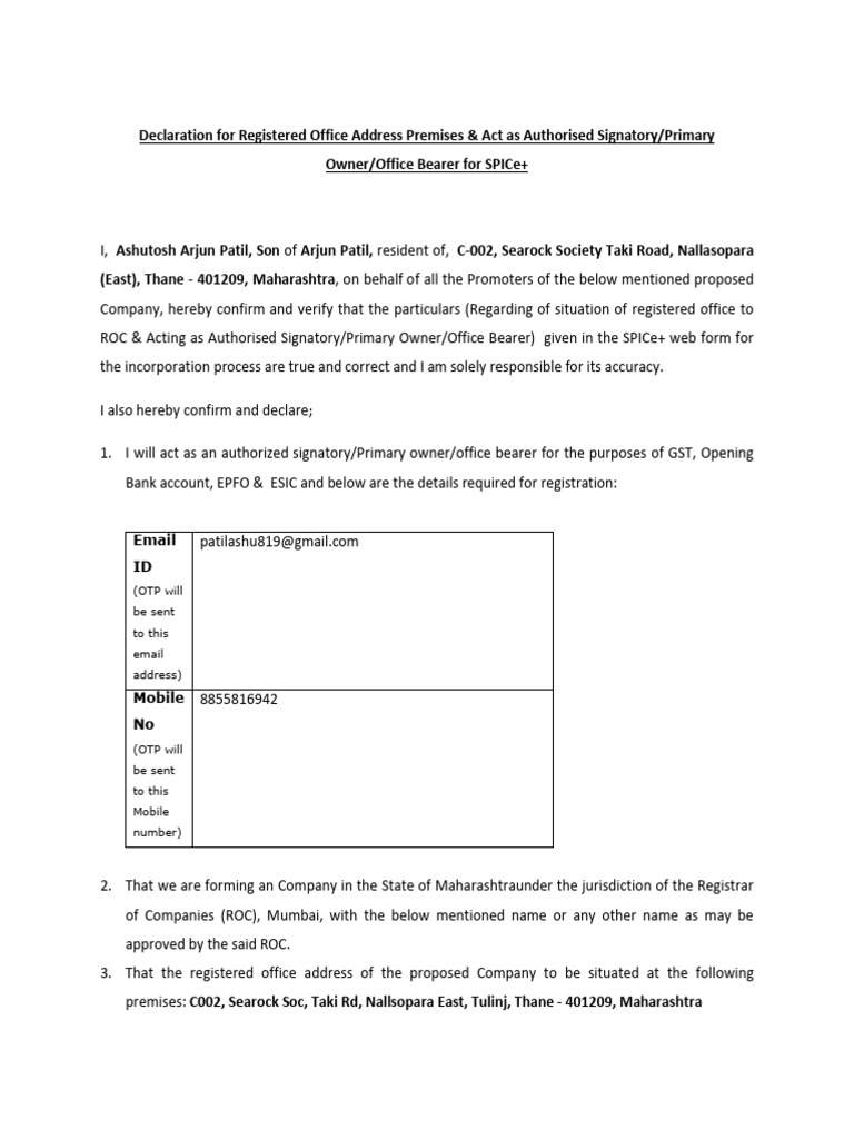 A. 06) Declaration for Regd. Off. Premises-2 | PDF