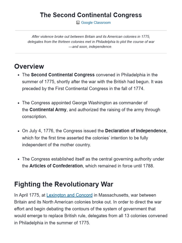 Second Continental Congress Overview | PDF | Continental Congress ...