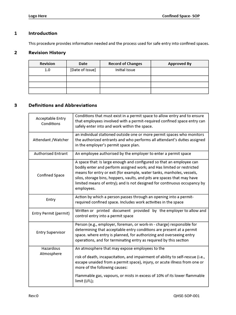 Qhse Sop 001 Confined Space Sop | PDF | Occupational Safety And Health | Safety