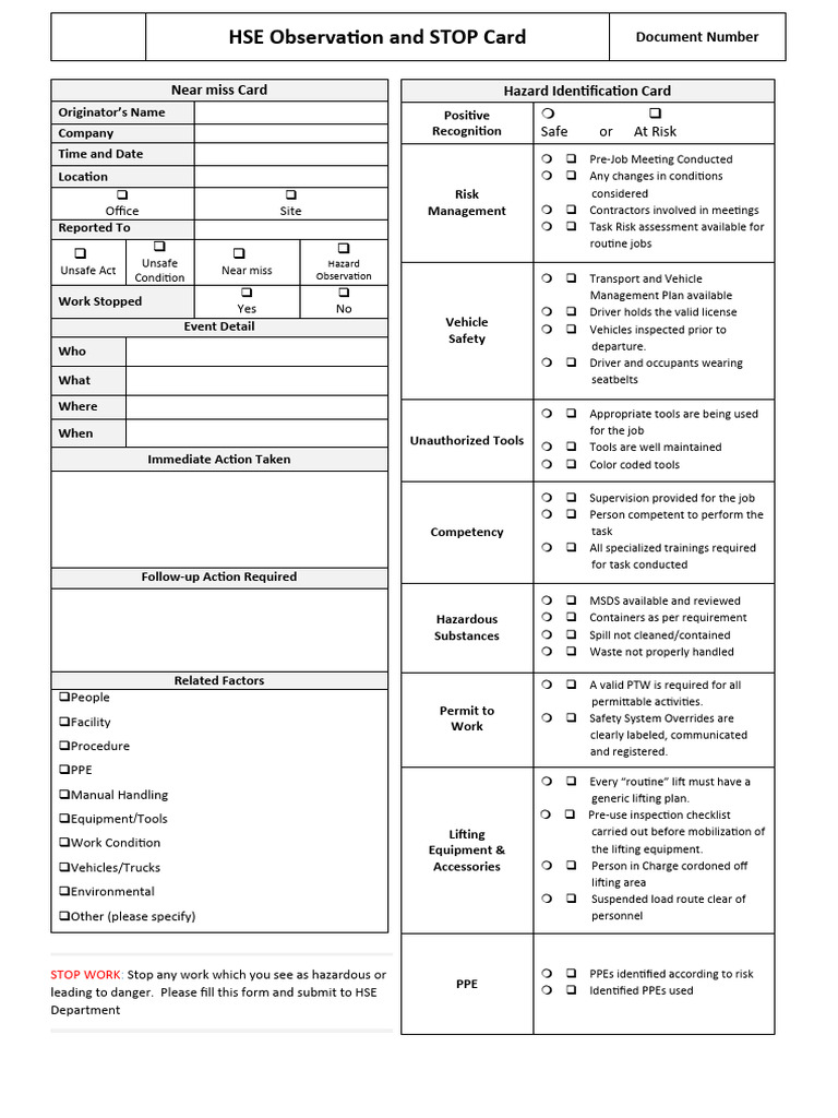 HSE Observation and STOP Card | PDF | Personal Protective Equipment ...