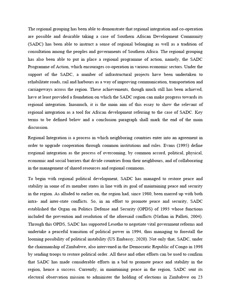 Chiyangwa (2023) Intergration. A Case of SADC - 073737 | PDF | Regional Integration | Economies