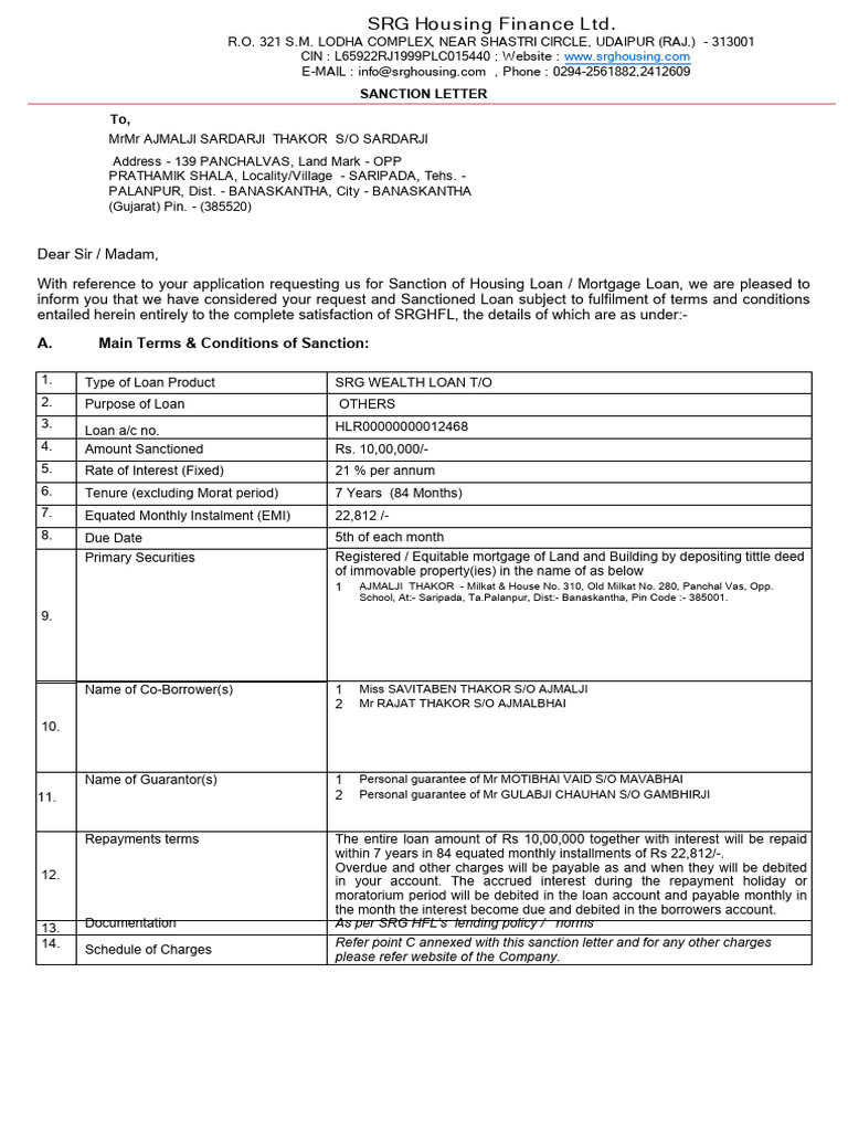 Home Loan Sanction Letter Details | PDF | Loans | Securitization