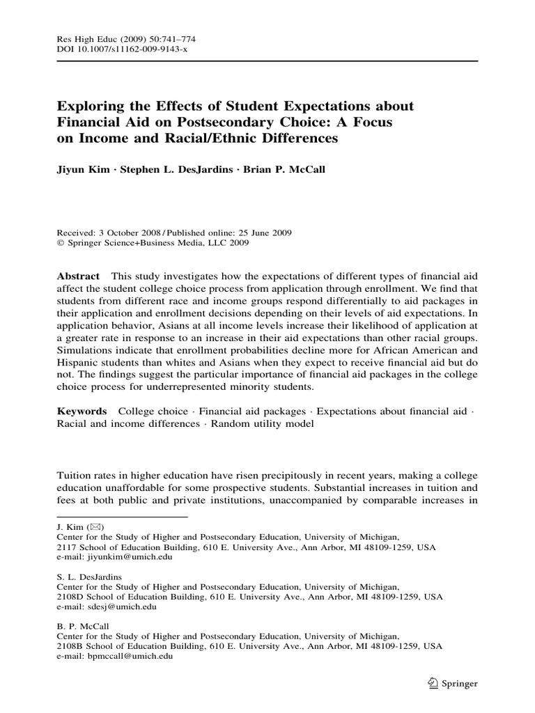 Exploring The Effects of Student Expectations About Financial Aid On Postsecondary Choice A ...