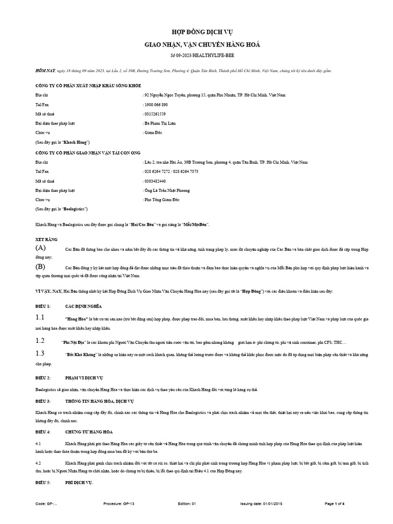 HỢP ĐỒNG VẬN CHUYỂN HÀNG HÓA - SỐNG KHỎE & CON ONG | PDF