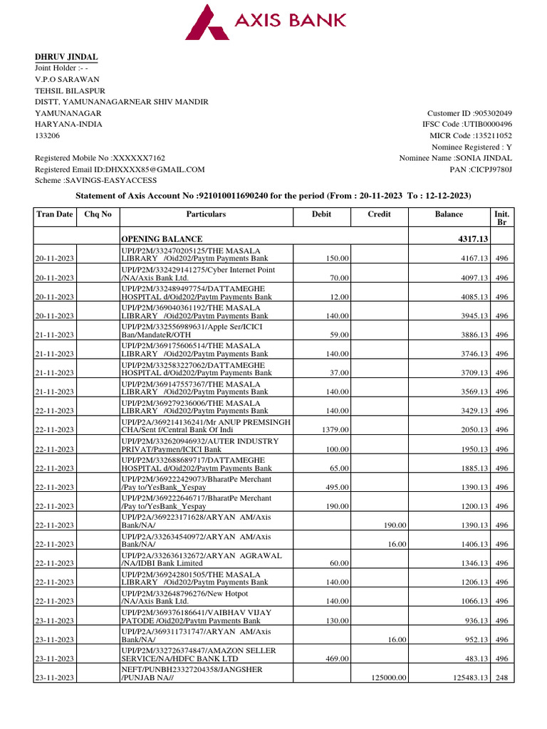 Statement of Axis Account No:921010011690240 For The Period (From: 20 ...