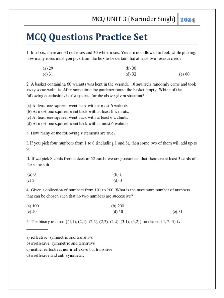 Class 6 Maths MCQ Practice Set | PDF | Mathematical Relations ...
