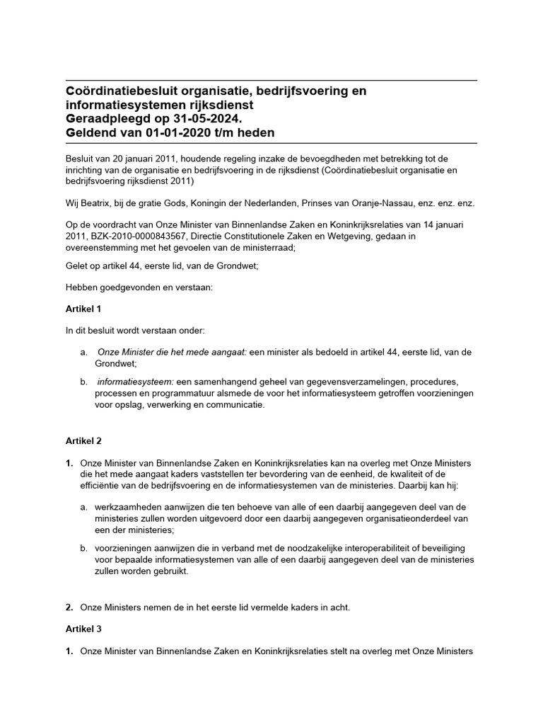 BWBR0029514 Coordinatiebesluit Organisatie Bedrijfsvoering en Informatiesystemen | PDF