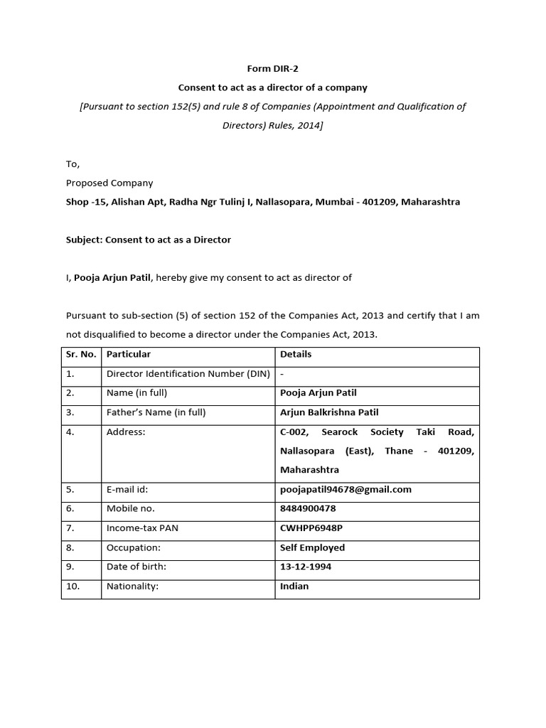 A. 01) Form DIR-2 Consent and Declaration (By Director2) Already Dir ...