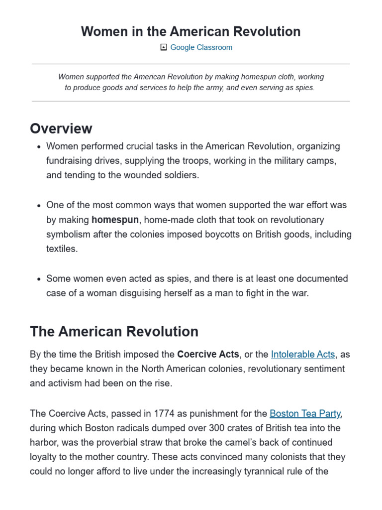 Women in The American Revolution (Article) - Khan Academy | PDF ...