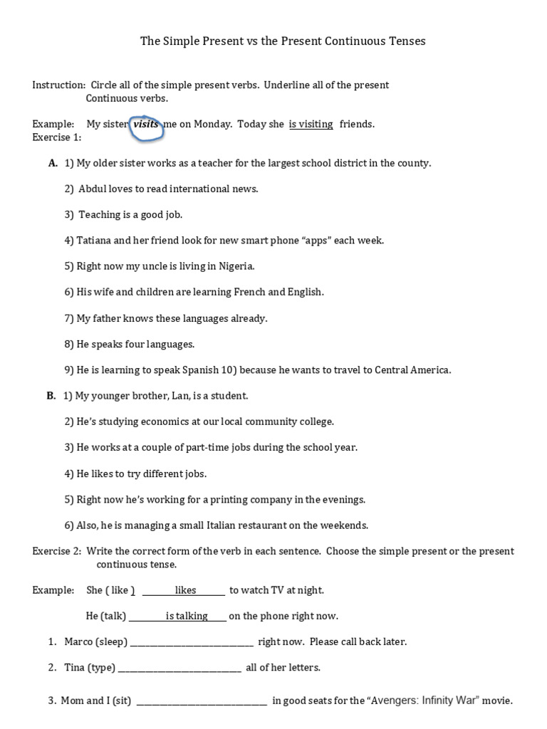 Simple Vs Present Continuous Exercise | PDF | Linguistics | Grammar
