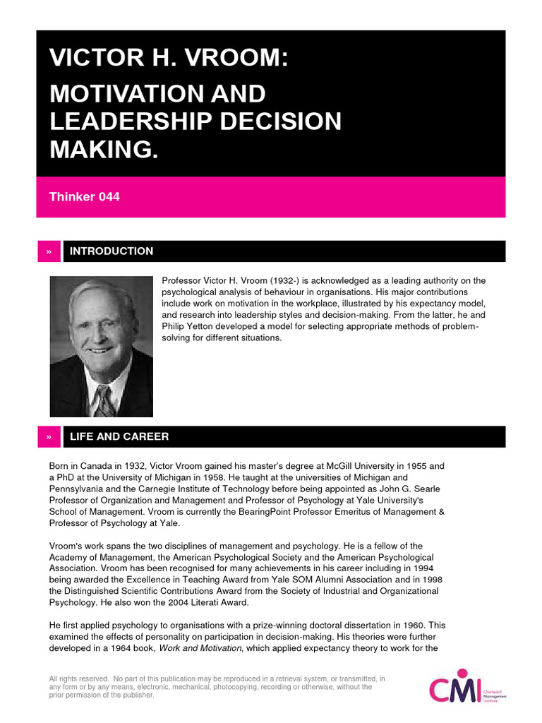 Vroom's Expectancy Theory Explained | PDF | Leadership | Psychology