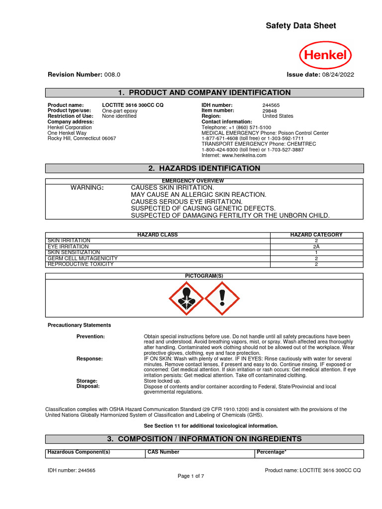 LOCTITE 3616 Safety Data Sheet | PDF | Dangerous Goods | Silicon Dioxide