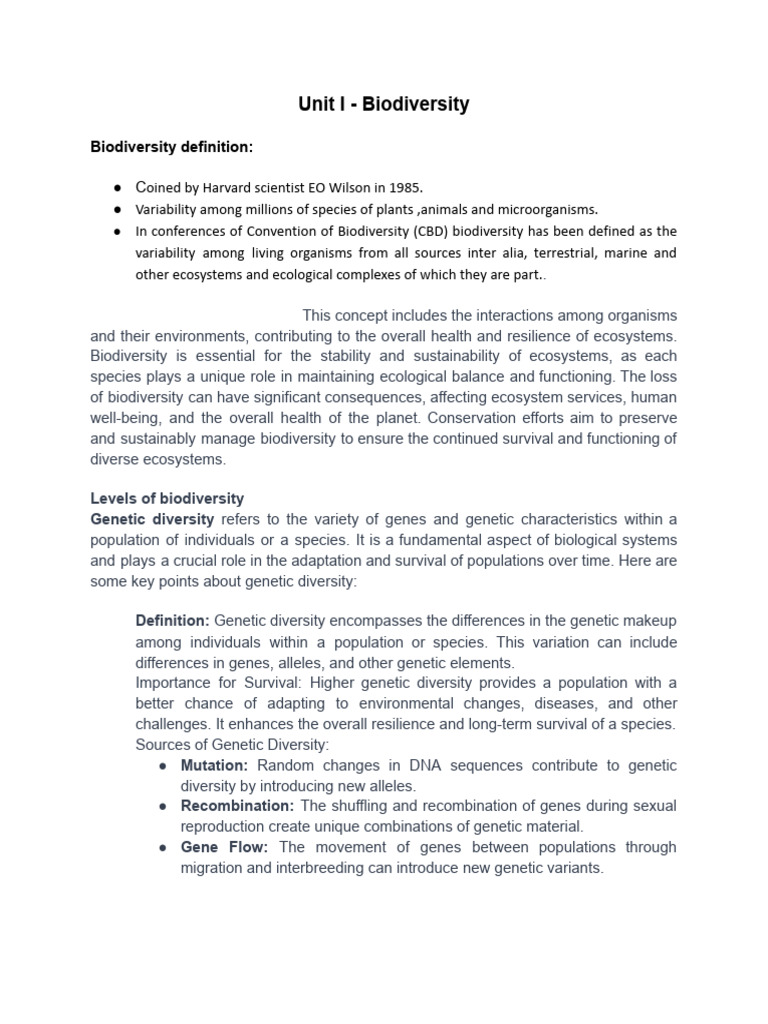 Unit I Biodiversity Notes - 1 | PDF | Biodiversity | Conservation Biology