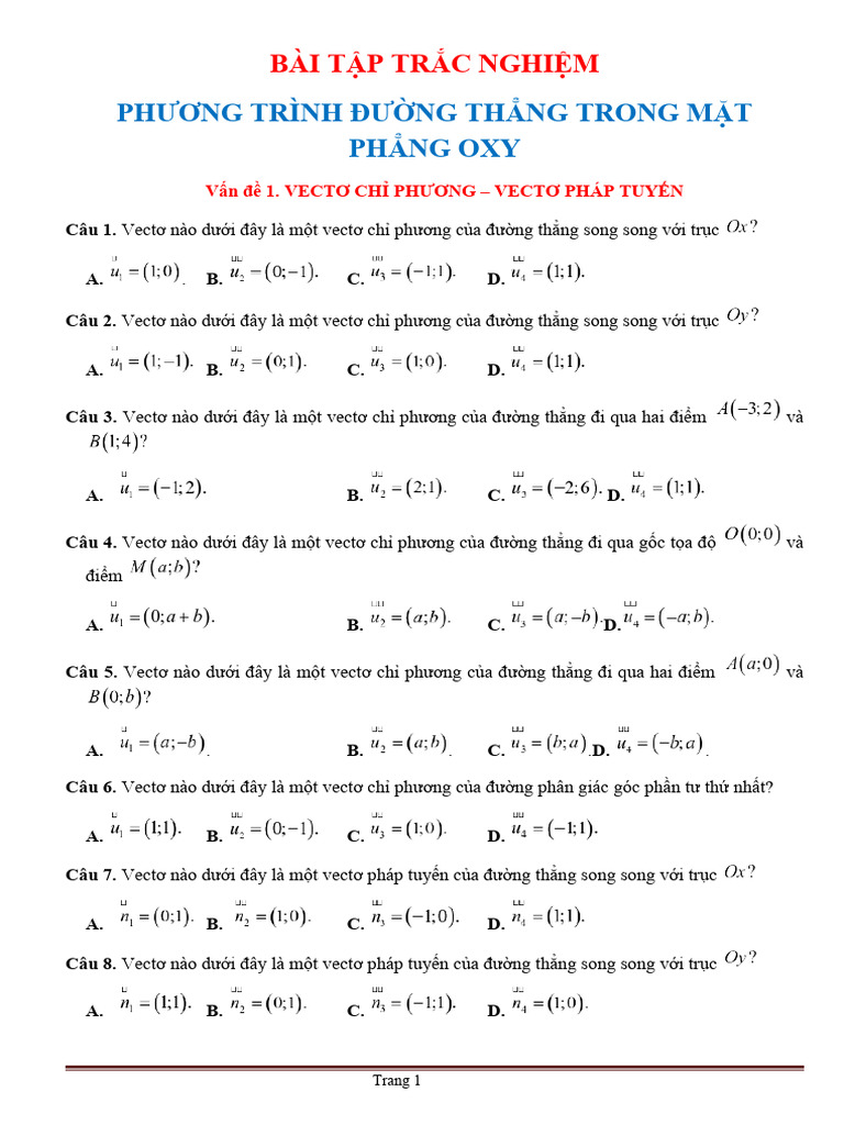 BT Trac Nghiem Phuong Trinh Duong Thang | PDF