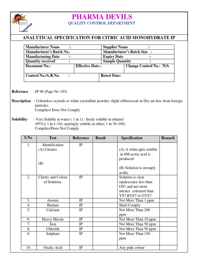 Citric Acid Monohydrate IP | PDF | Solubility | Chemical Compounds