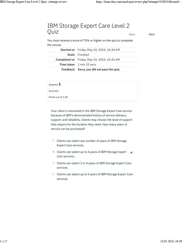 IBM Storage Expert Care Level 2 Quiz Attempt Review | PDF | Computer Data Storage | Hard Disk Drive
