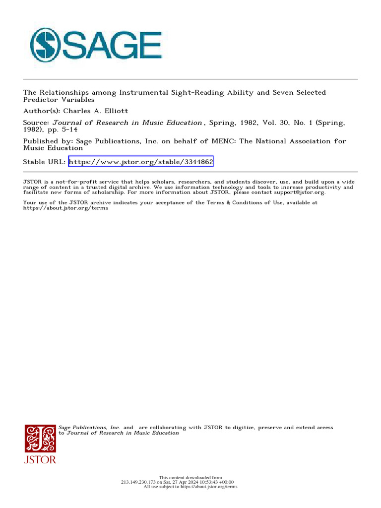 Elliott. Relationships Among Instrumental Sight Reading and Seven ...