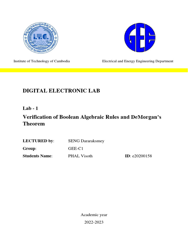 Verification of Boolean Algebraic Rules and DeMorgan’s Theorem | PDF | Boolean Algebra ...