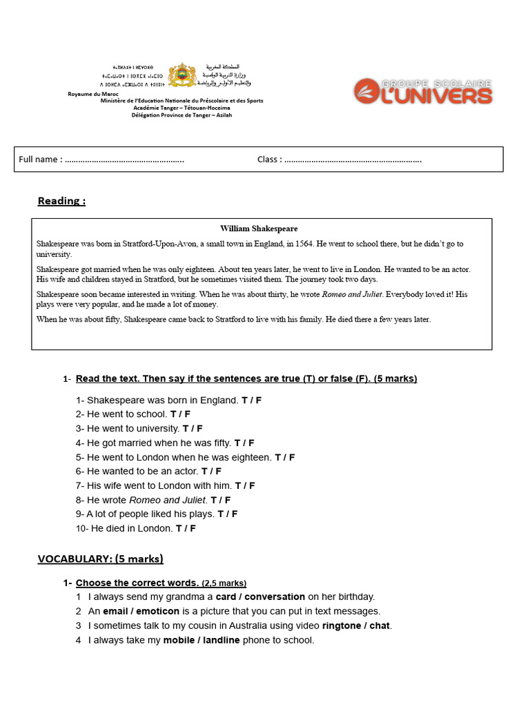 first exam 2nd grade 2ND semister | Download Free PDF | William Shakespeare