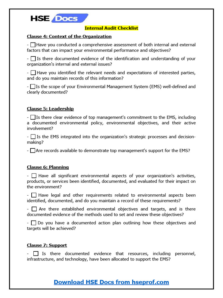 Internal Audit Checklist For ISO 14001 | PDF | Audit | Internal Audit