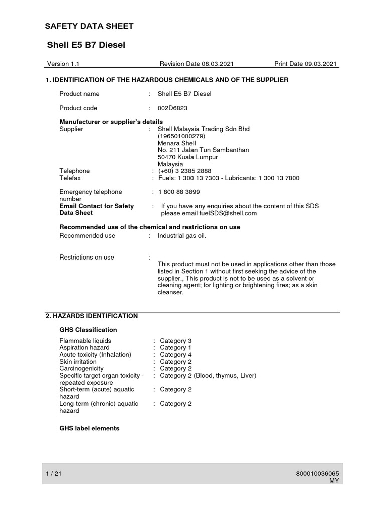 DIESEL - Shell E5 B7 Diesel (Mar 2021) | PDF | Personal Protective ...