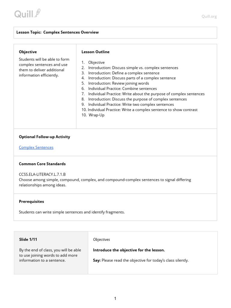 Lesson 1 Complex Sentences and Their Uses | Download Free PDF ...