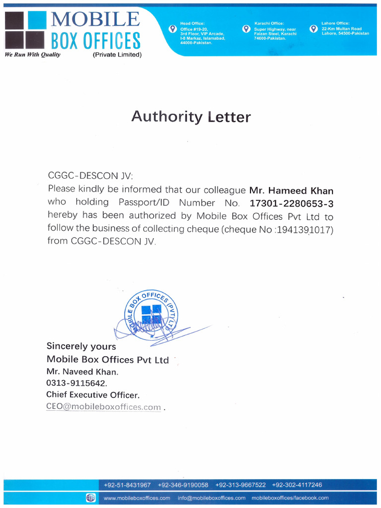CGGC-DeSCON JV Authority Letter & Payment Receipt | PDF