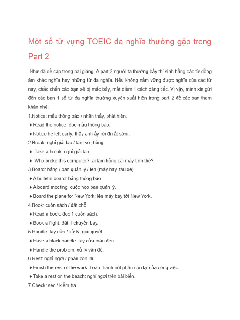 Từ Vựng Hay Gặp Trong TOEIC Part 2-3 | PDF