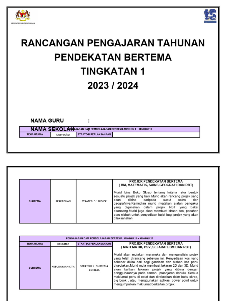 RPT Pendekatan Bertema Tingkatan 1 by Cikgu Gorgeous | PDF | Seni | Sains & Matematika