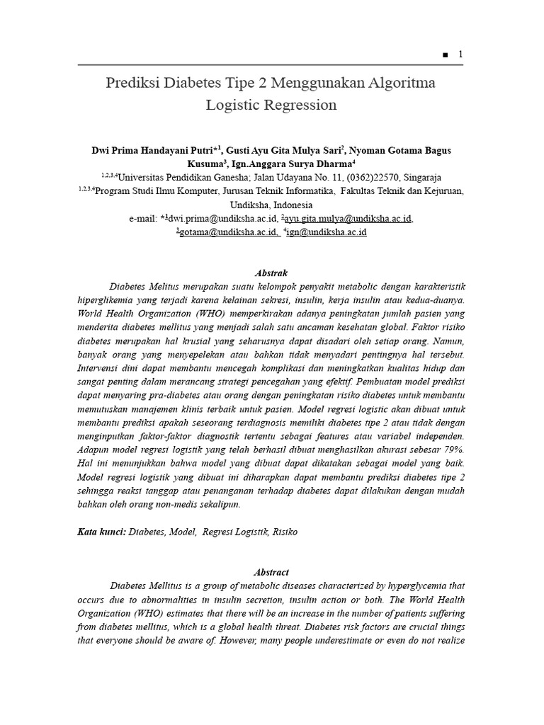 Prediksi Diabetes Tipe 2 Menggunakan Algoritma Logistic Regression | PDF