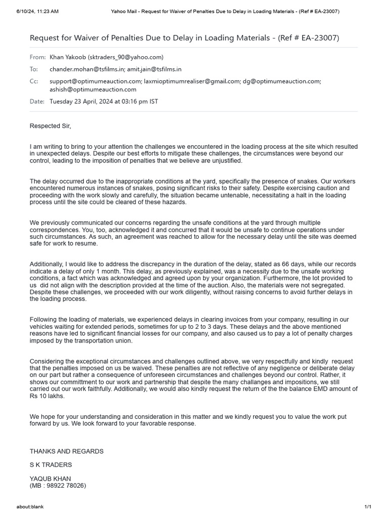 Waiver Request for Loading Delay Penalties | PDF | Justice | Crime ...