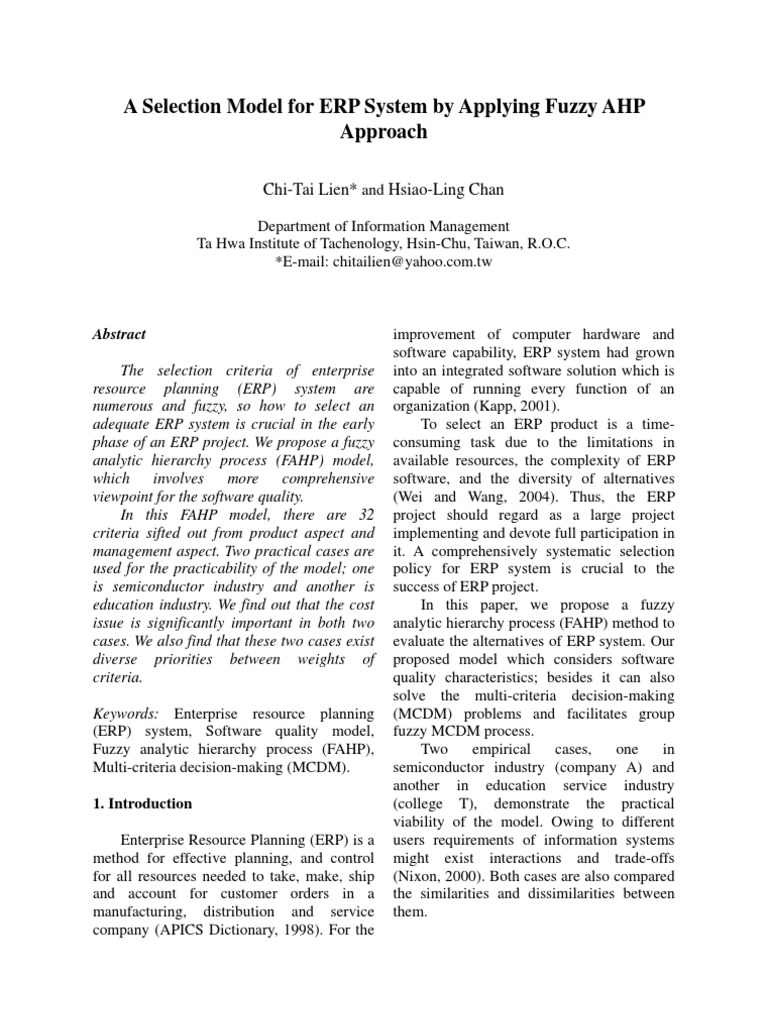 A Comprehensive Fuzzy AHP Model for Evaluating Enterprise Resource Planning (ERP) Systems Based ...