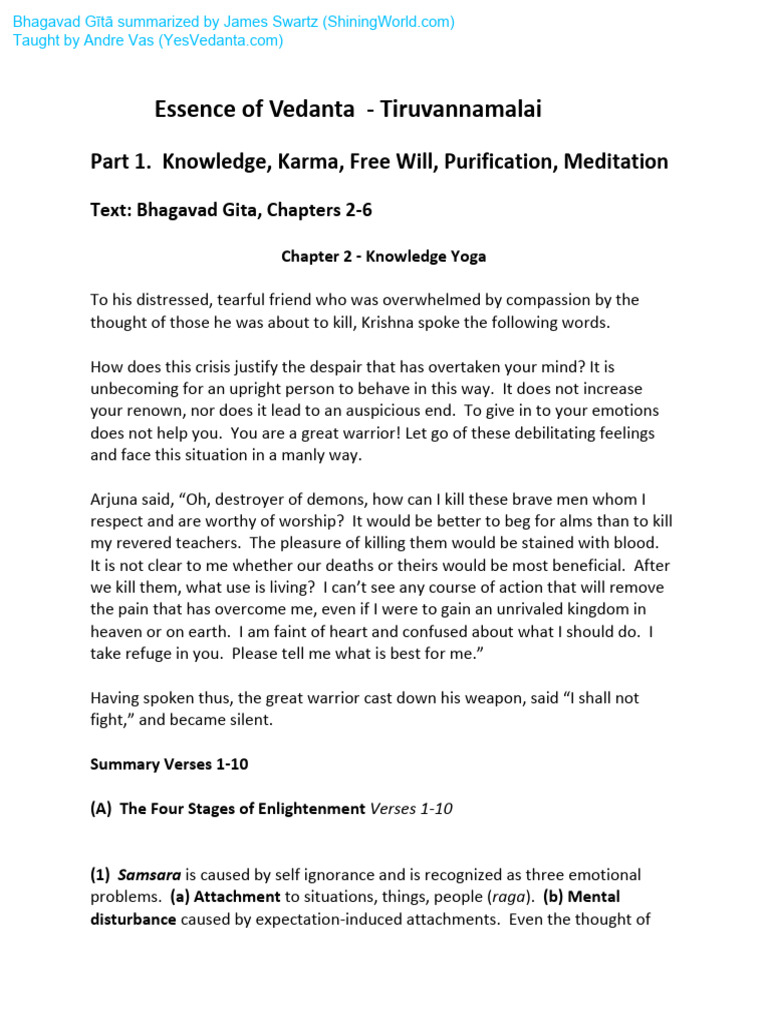 Essence of Vedanta - Guide Used in YesVedanta Class | PDF | Ātman (Hinduism) | Meditation