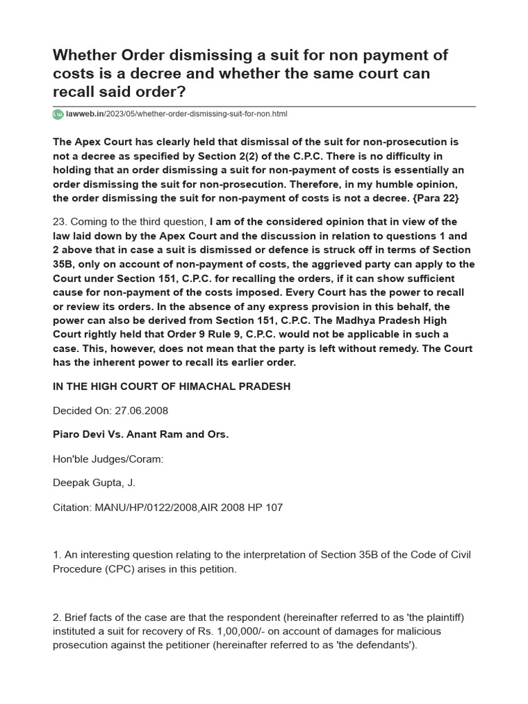 Whether Order Dismissing A Suit For Non Payment of Costs Is A Decree ...