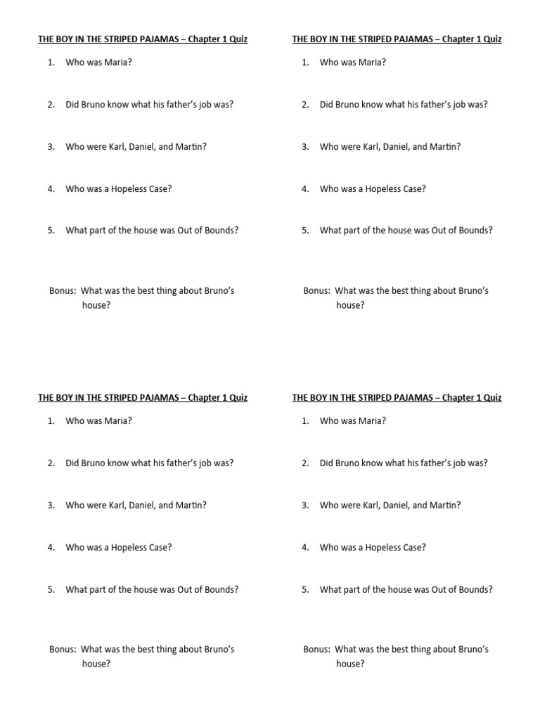 The Boy in The Striped Pajamas - Chapter 1 Quiz The Boy in The Striped ...
