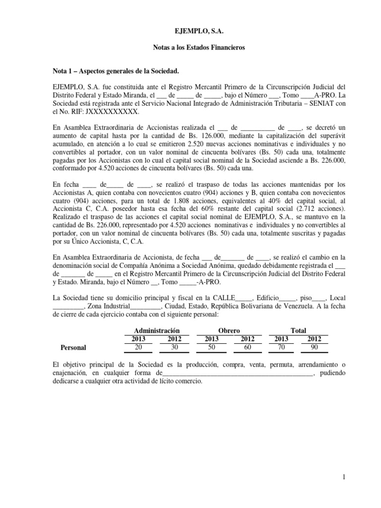 MODELO DE NOTAS A LOS EEFF | Descargar gratis PDF | normas internacionales de INFORMACION ...