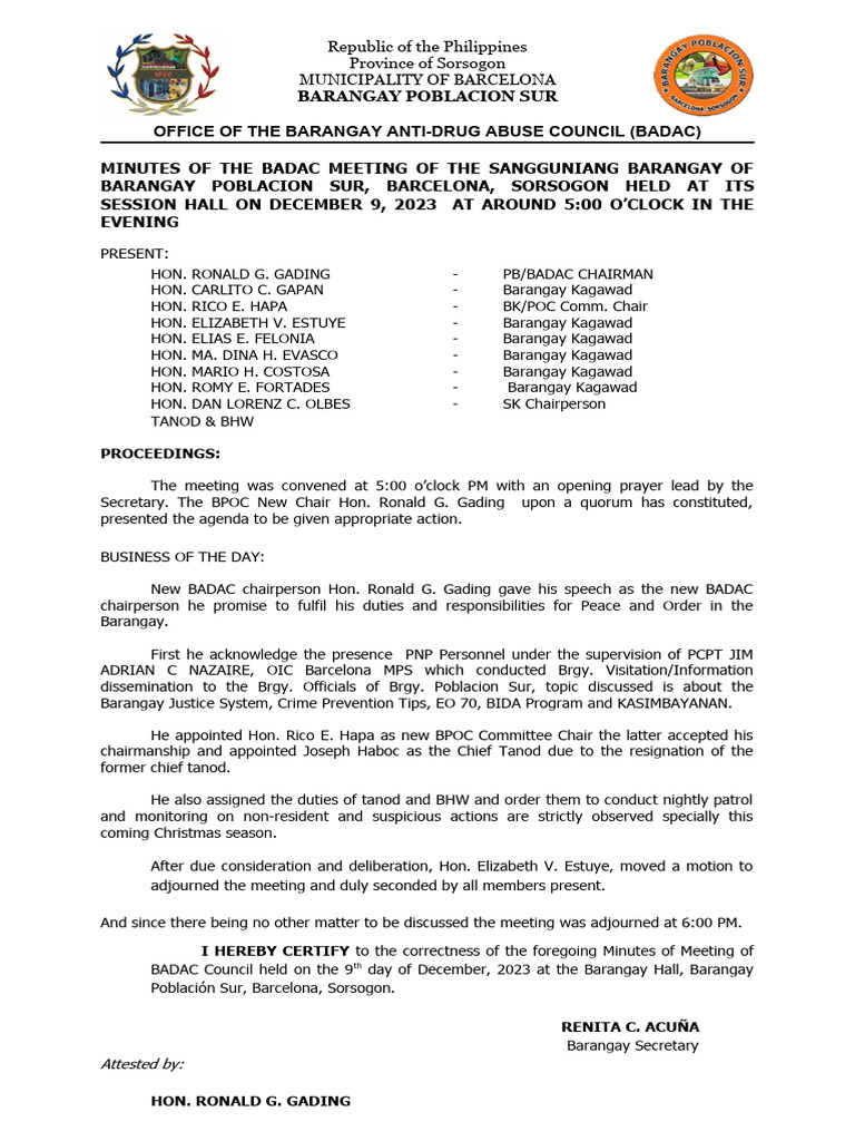 BADAC MINUTES December, 2023 | PDF | Government