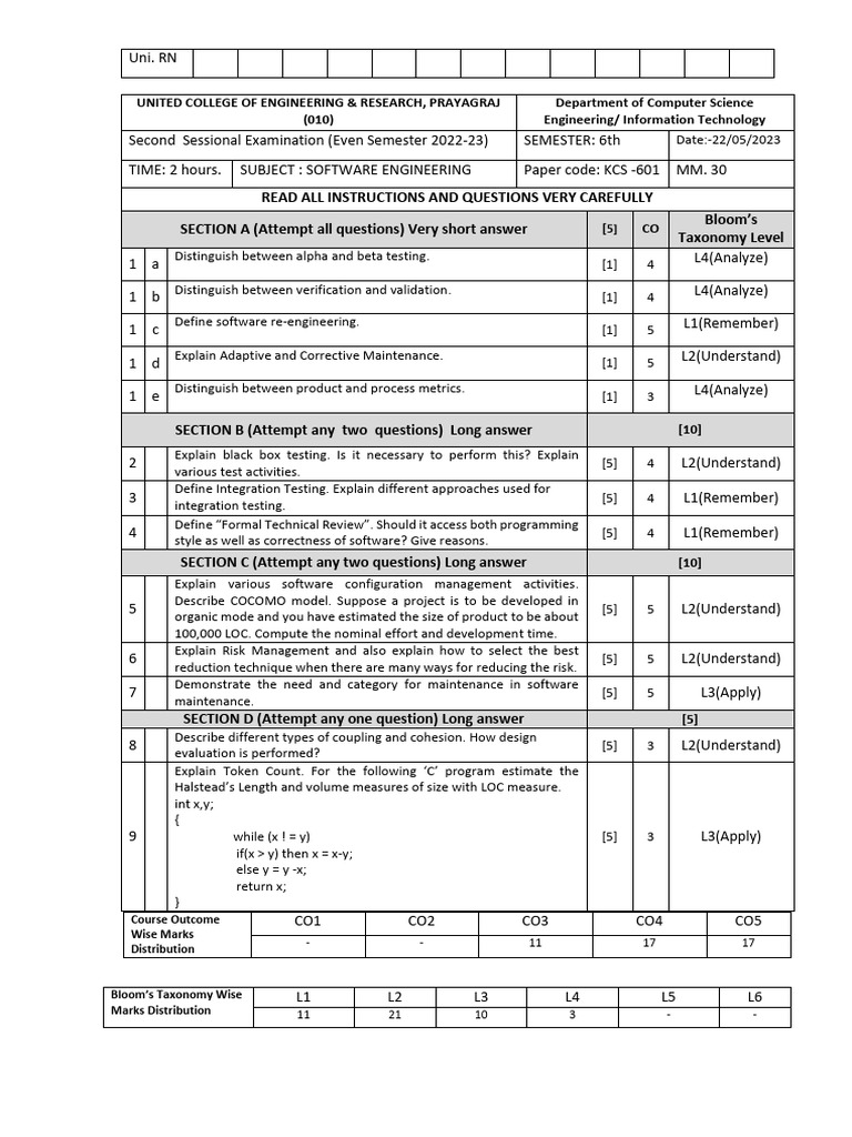 2nd Sessional Exam SE QP | PDF | Software | Software Testing
