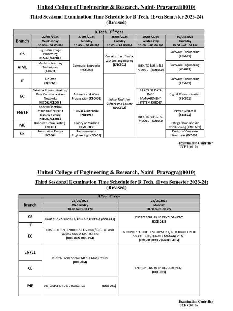 Revised B.tech.-3rd & 4th Year 3rd Sessional Examination (Even Semester 2023-24) | PDF ...