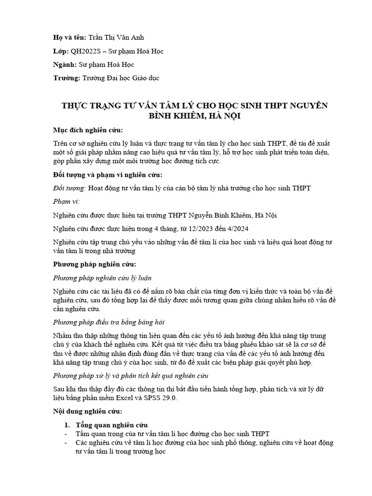 THỰC TRẠNG TƯ VẤN TÂM LÝ CHO HỌC SINH THPT | PDF