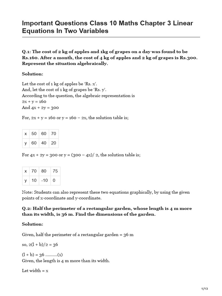 Class 10 Maths: Linear Equations | PDF | Equations | System Of Linear ...