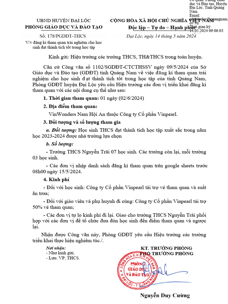 CV 178 - 14 5 2024 - ThamQuan VinPearl | PDF