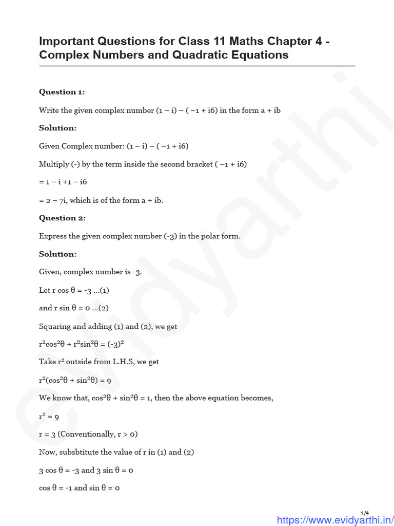 class-11-maths-chapter-4 important-question.. | PDF | Quadratic Equation | Elementary Mathematics