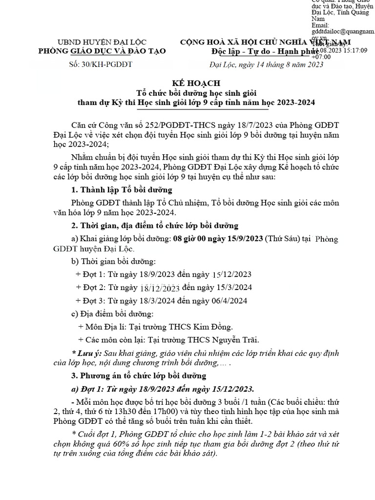 KH 30 - BoiDuong HSG9 - 2023 2024 | PDF