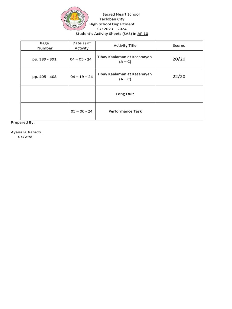 AP 10 Student Activity Sheets 2023 | PDF