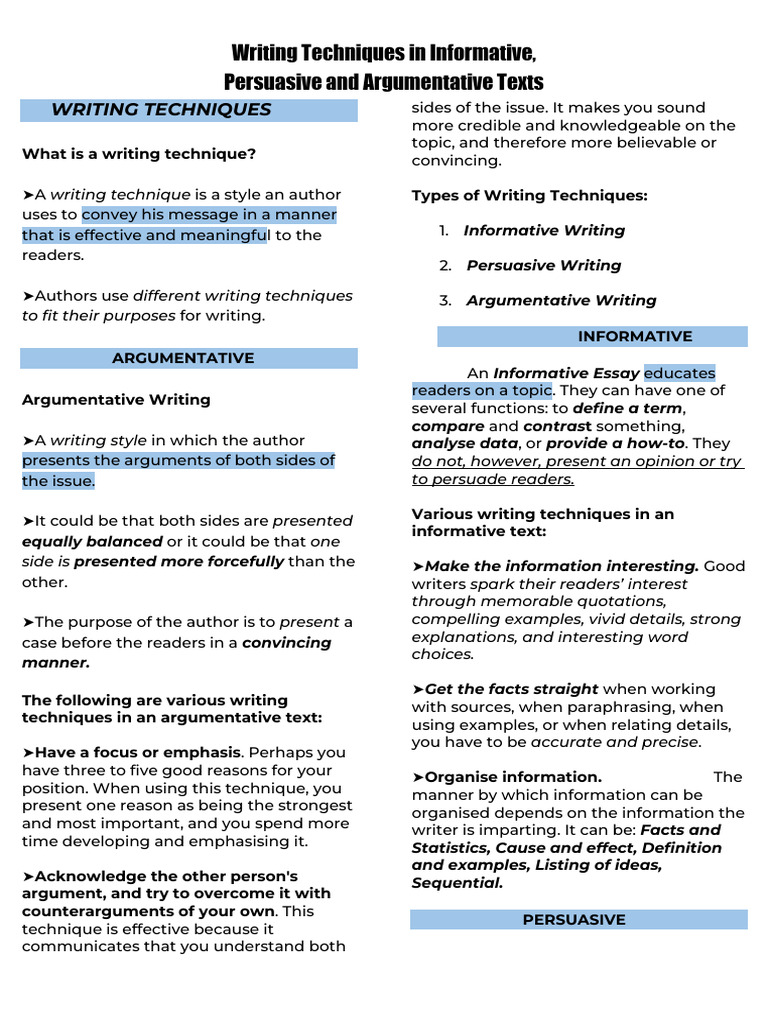 Writing Techniques: Informative, Persuasive, Argumentative | PDF ...