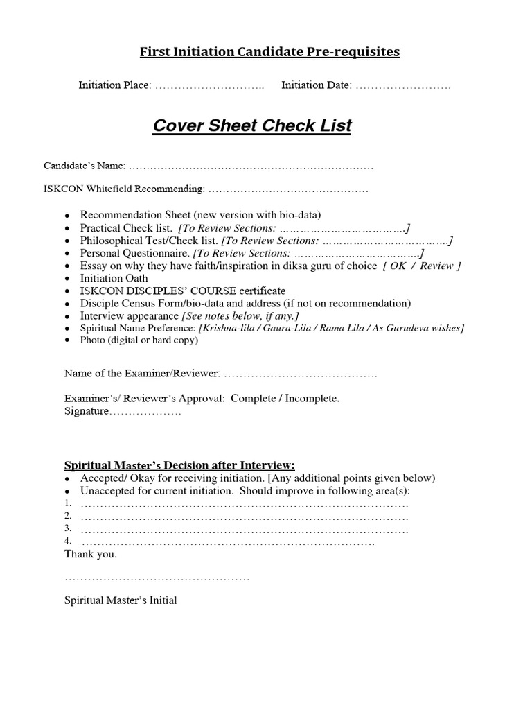 Coversheet Recommendation Checklist Oath Personal Philosophycal ...