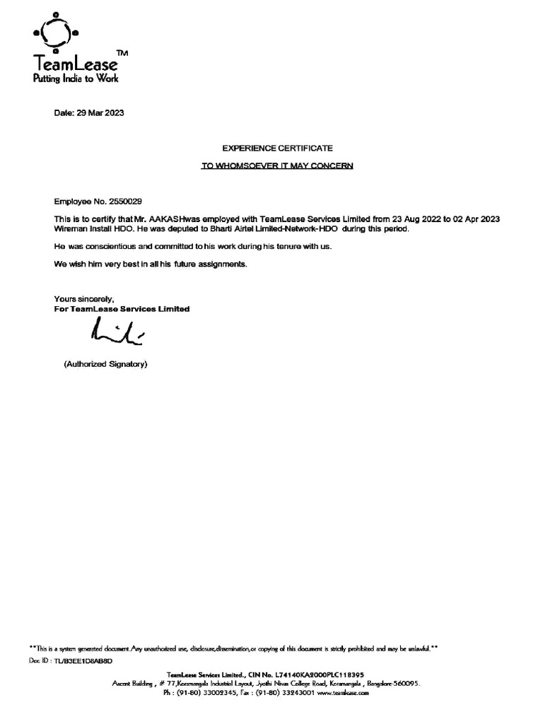 Teamlease Experience | PDF