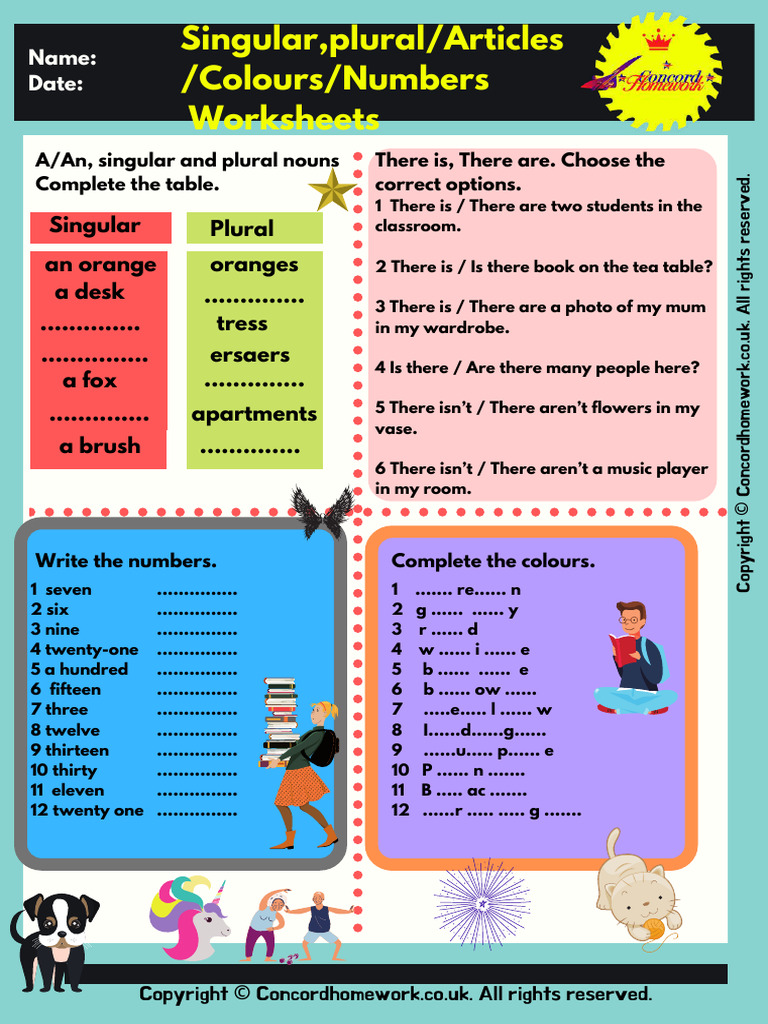 Singular, Plural - Articles - Colours - Numbers Worksheets - Compressed ...
